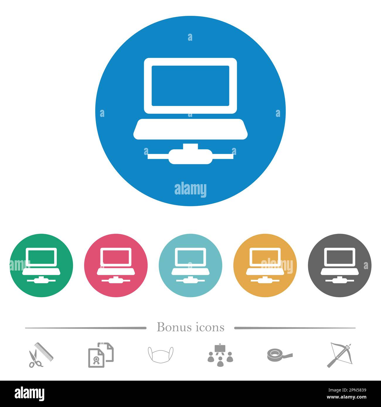 Network computer flat white icons on round color backgrounds. 6 bonus ...