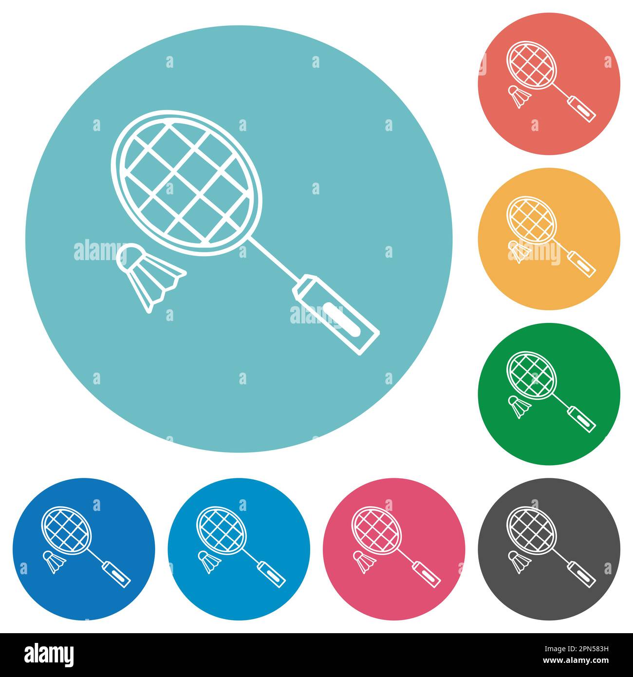 Badminton racket and shuttlecock outline flat white icons on round ...