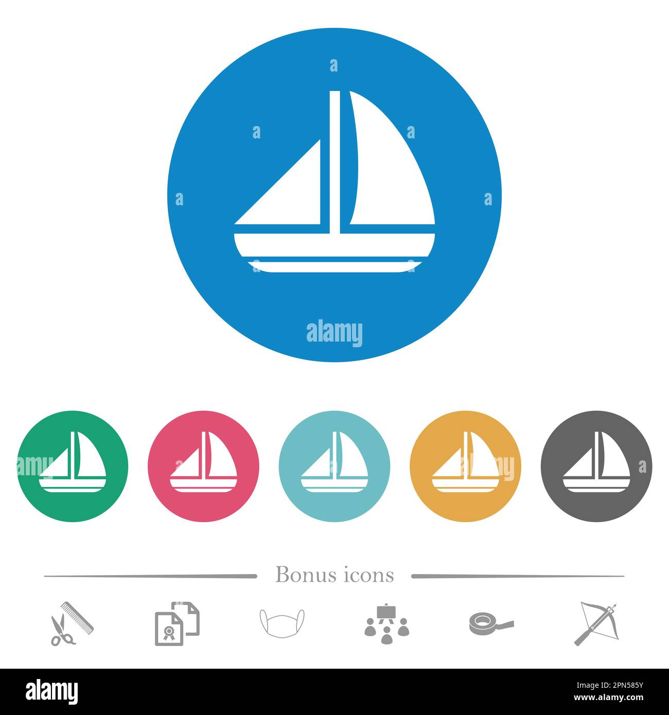 Sailing boat solid flat white icons on round color backgrounds. 6 bonus ...