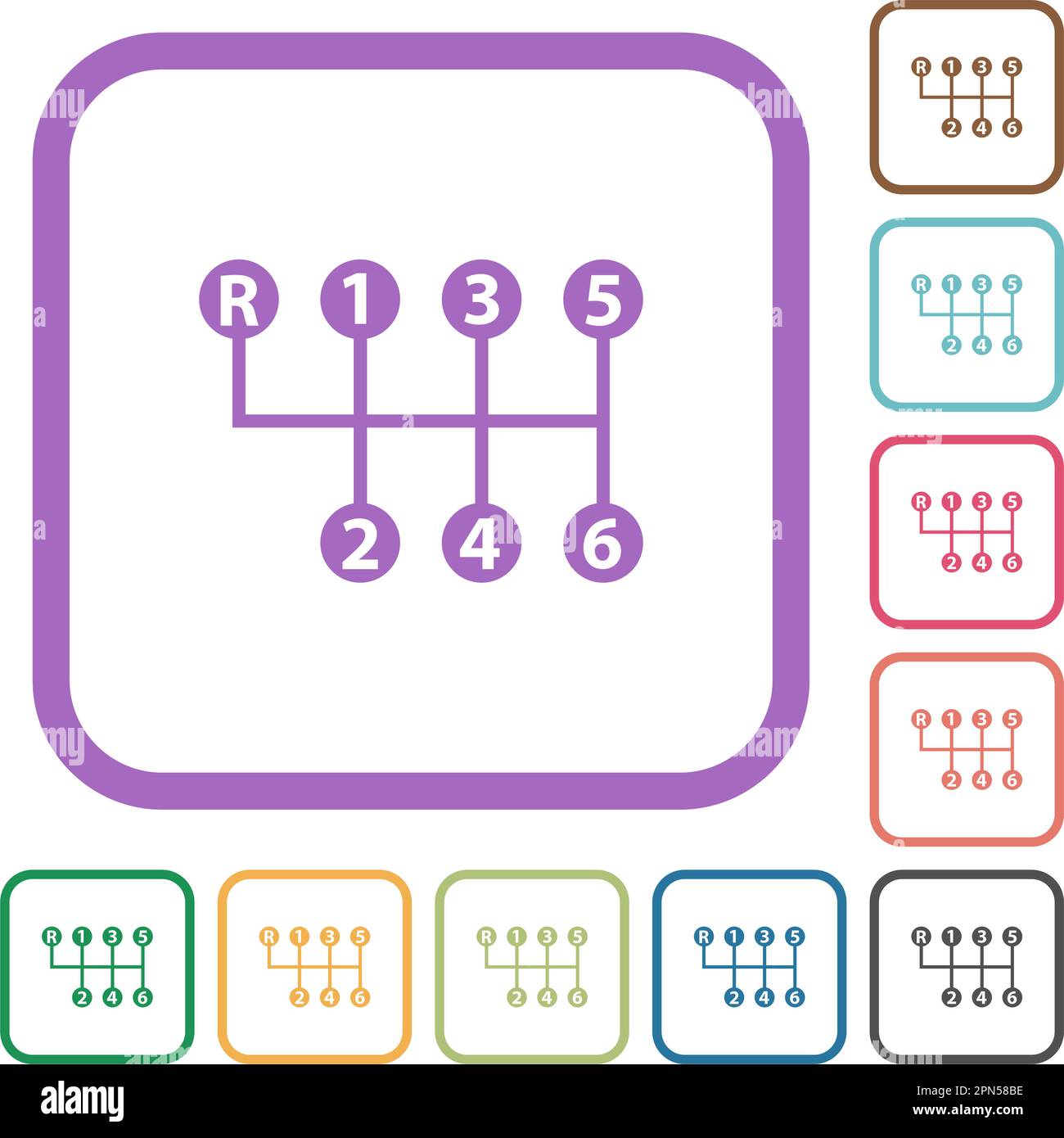 Six Speed Manual Gear Shift Simple Icons In Color Rounded Square Frames On White Background