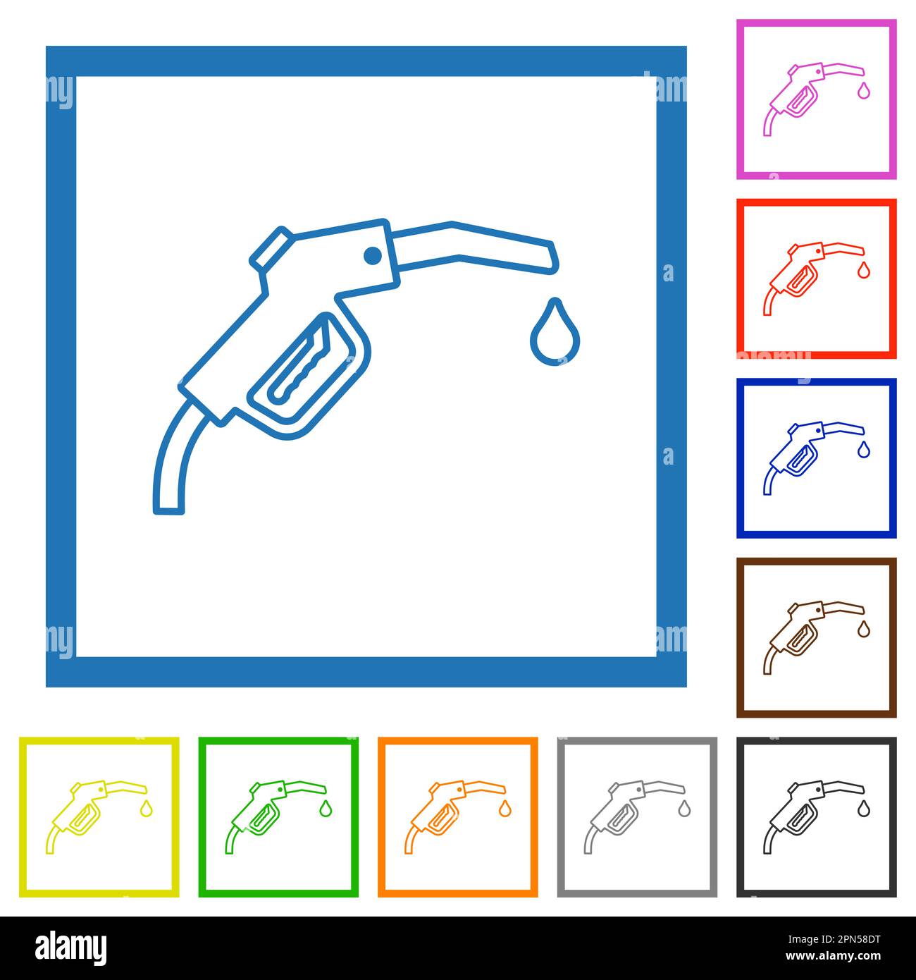 Gasoline pump fuel nozzle outline flat color icons in square frames on ...