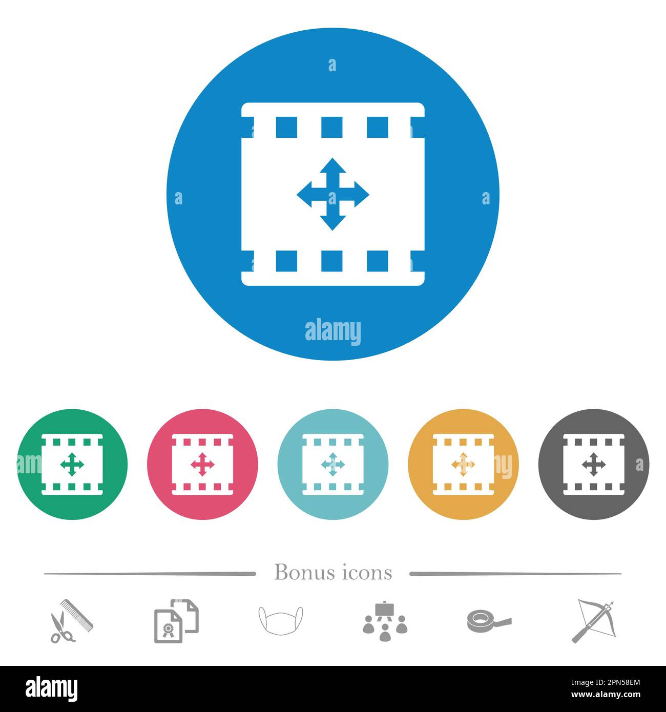 Move movie flat white icons on round color backgrounds. 6 bonus icons ...