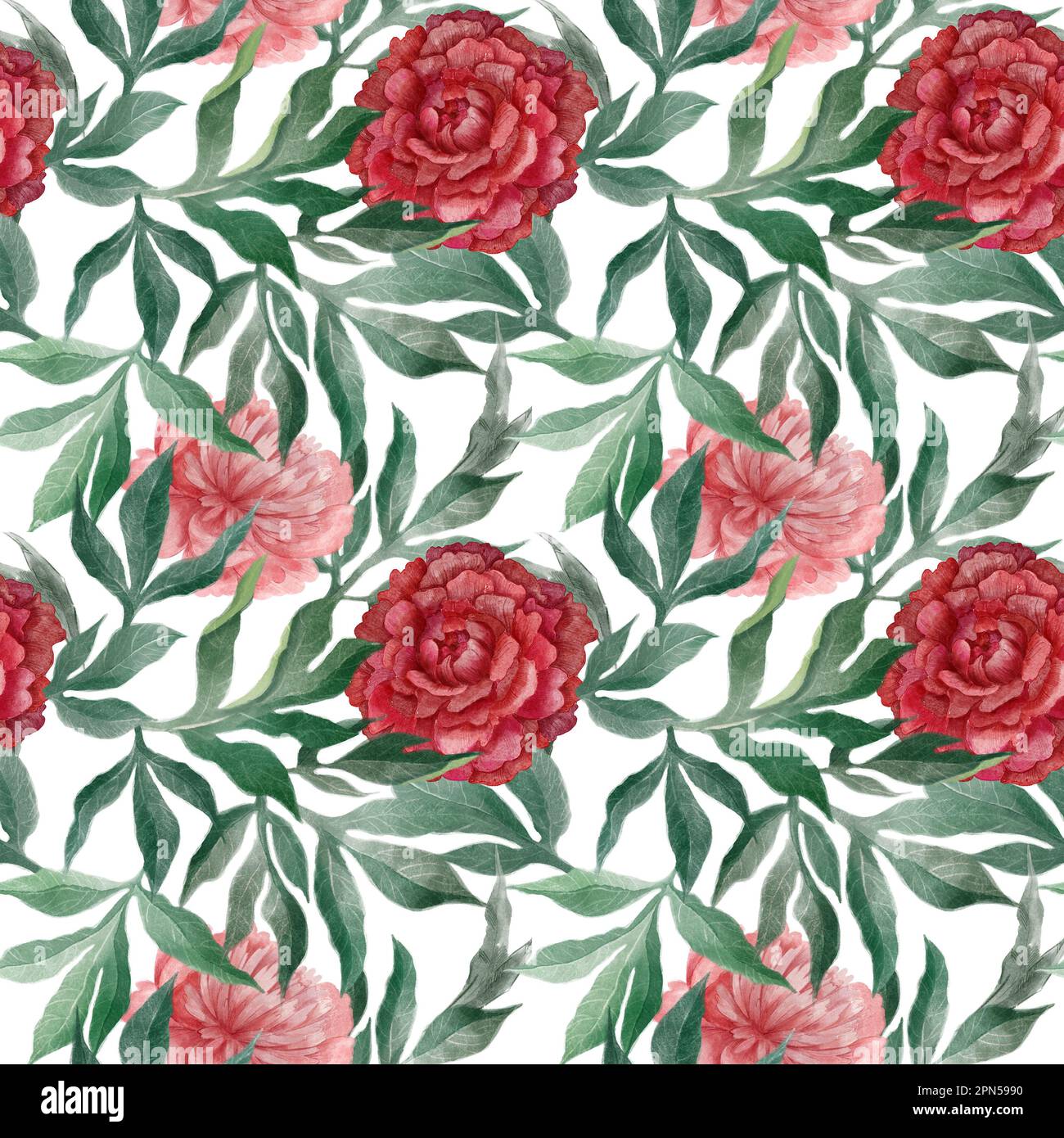A watercolor painting of red peonies with leaves and flowers seamless ...
