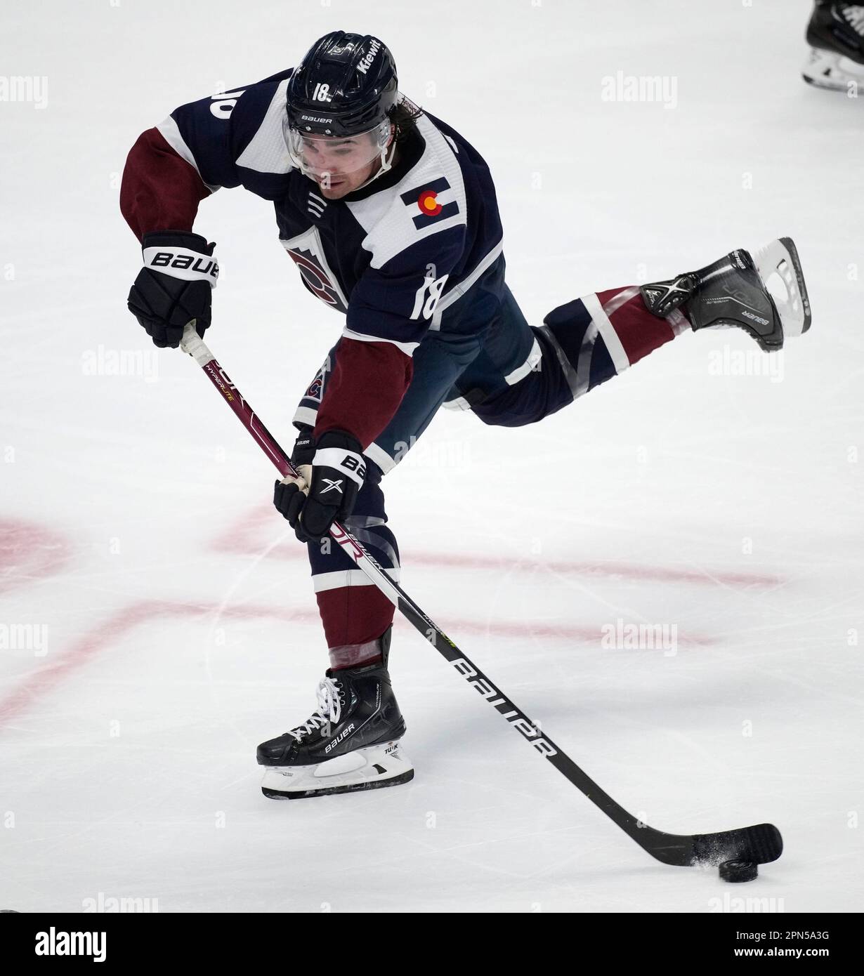 Colorado Avalanche center Alex Newhook (18) in the third period of an ...