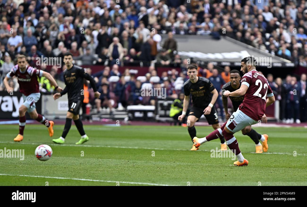 London, UK. 16th Apr, 2023. GOAL. Said Benrahma (West Ham) scores the ...