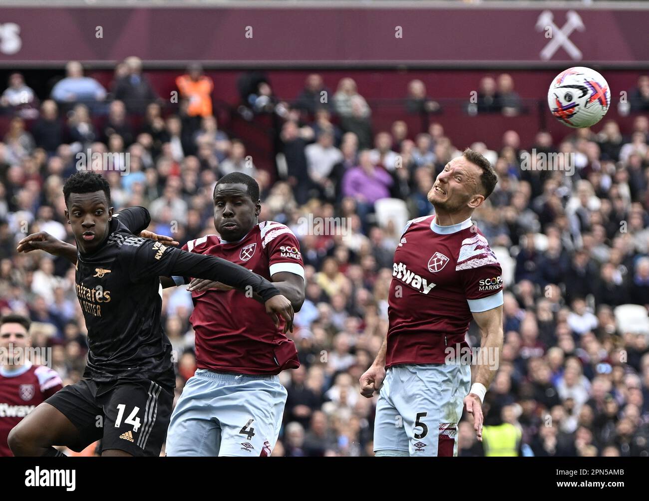 London, UK. 16th Apr, 2023. Vladimir Coufal (West Ham, 5) heads clear ...