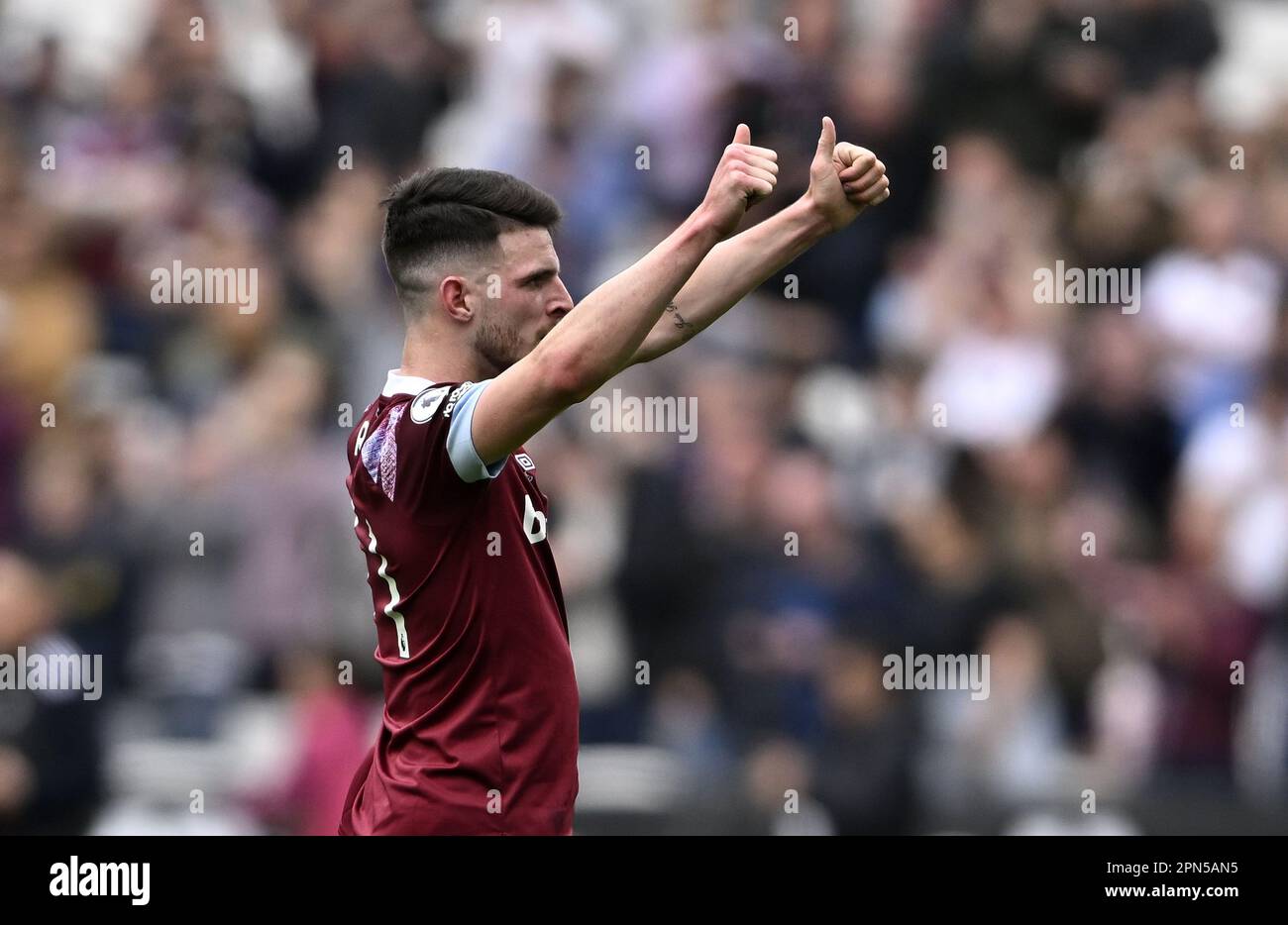 London, UK. 16th Apr, 2023. Declan Rice (West Ham) celebrates at the ...