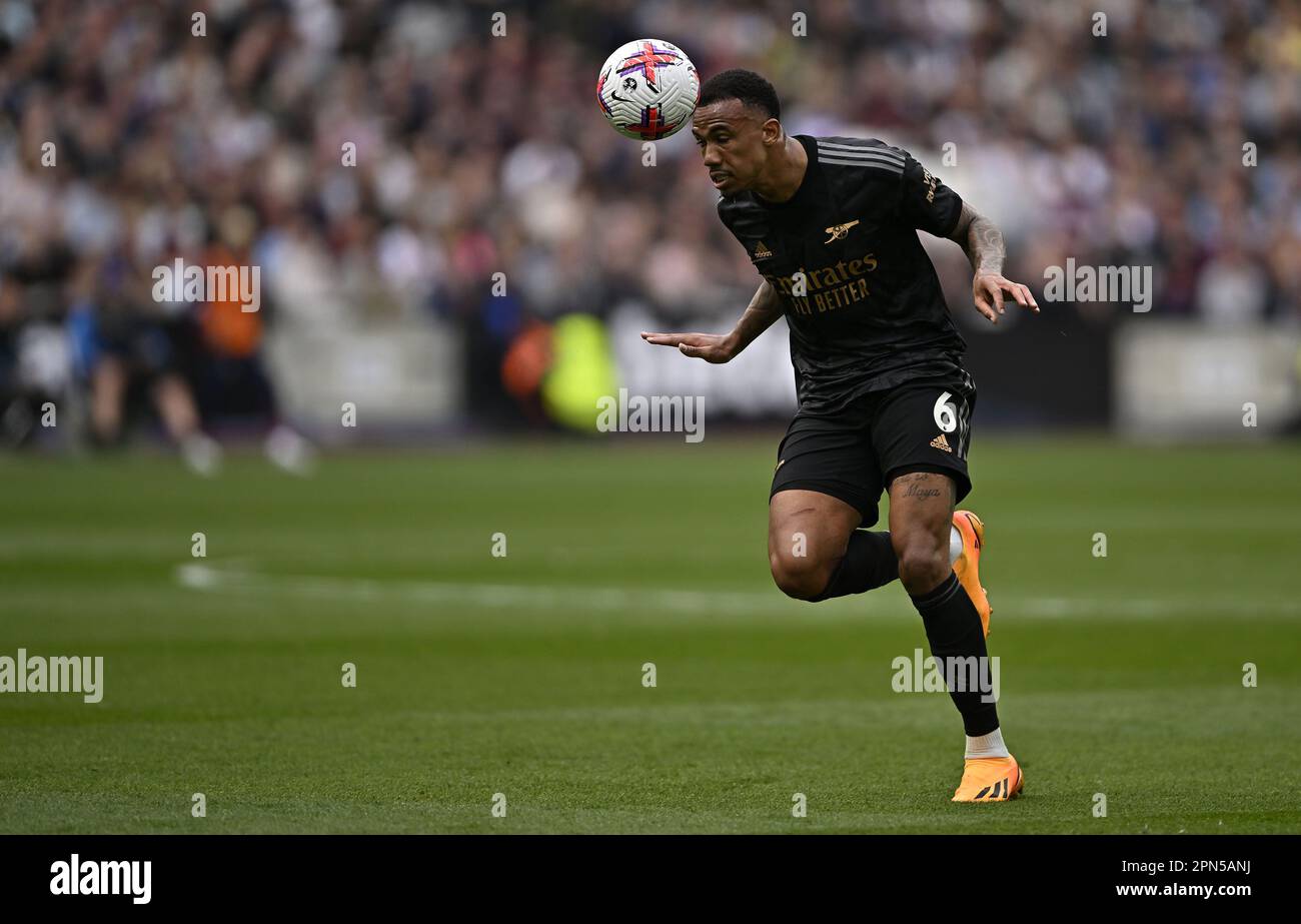 London, UK. 16th Apr, 2023. Gabriel Magalhães (Arsenal) heads during ...