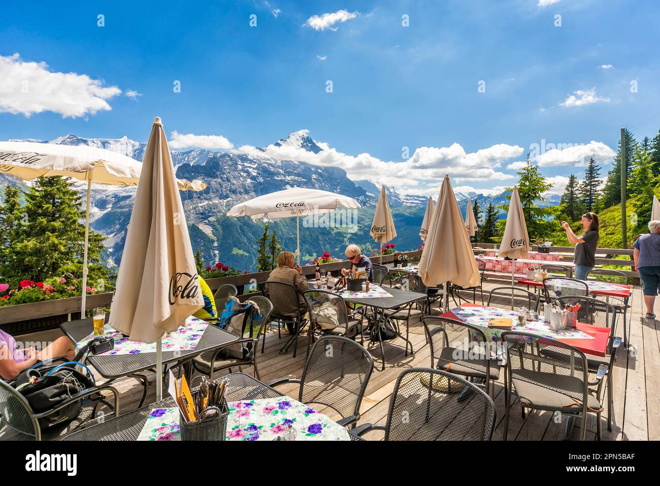 Mountain restaurant at Bussalp with panoramic peak views above First ...
