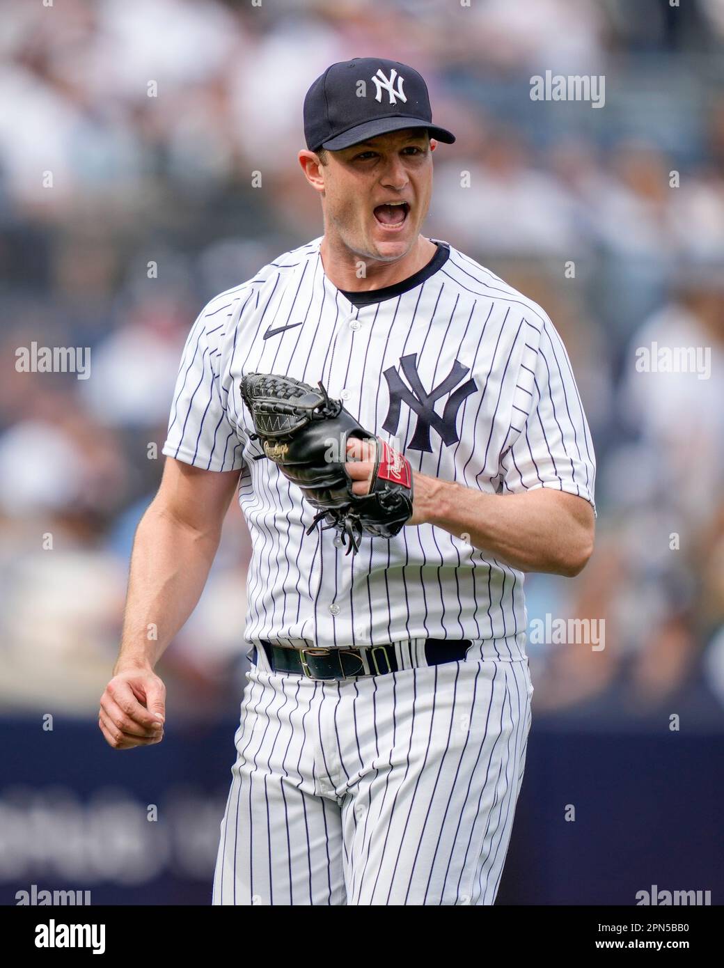 New York Yankees starting pitcher Gerrit Cole (45) reacts after closing his side of the eighth ...