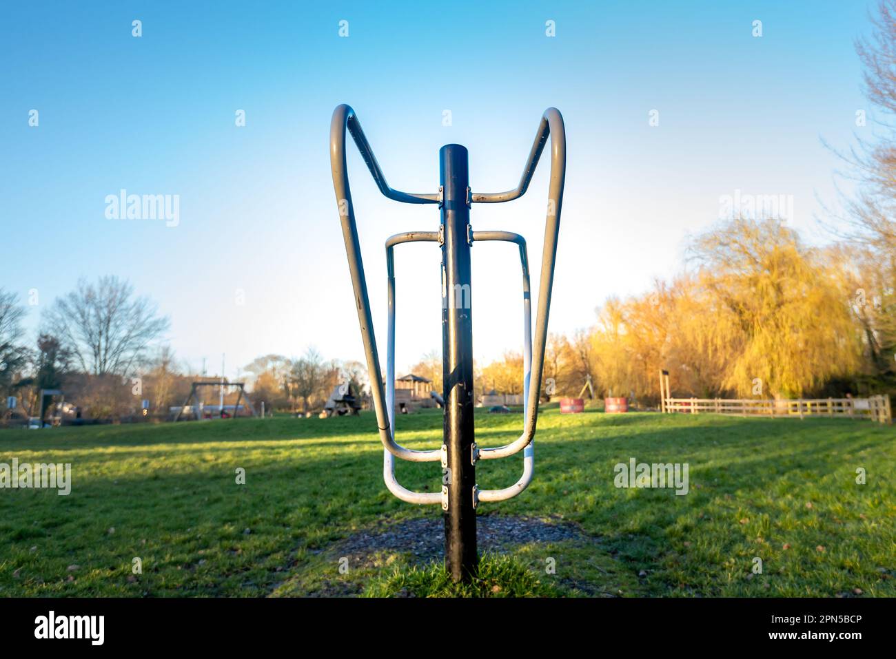 Close up of outdoor gym exercise sport equipment at public park ...