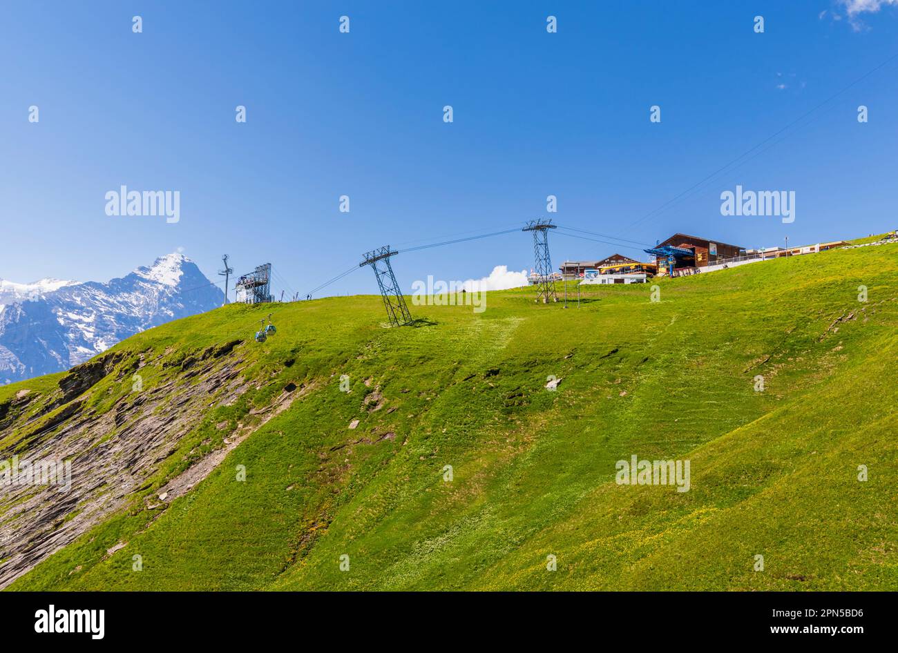 View of the gondola cable car lift station at Grindelwald-First and the ...