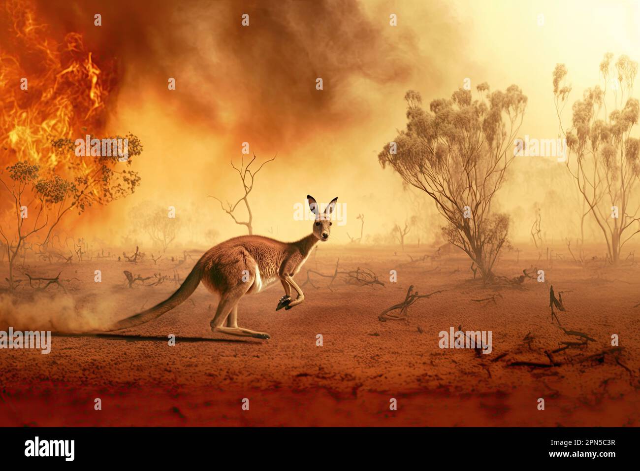 Kangaroo in raging bushfire midst of Australia. Devastating climate ...