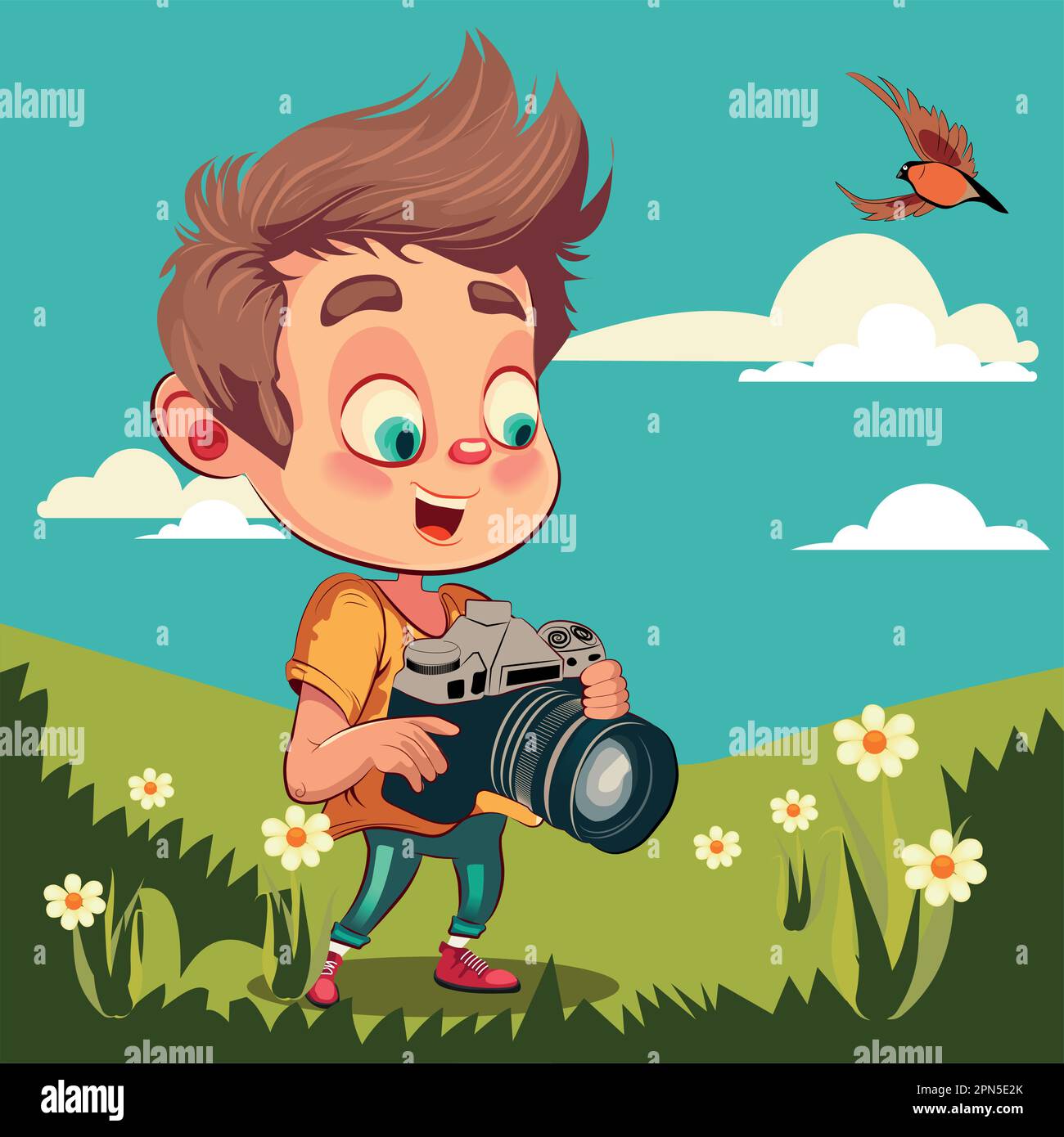 Vector Illustration of a Kid Boy taking pictures using a Digital Camera ...