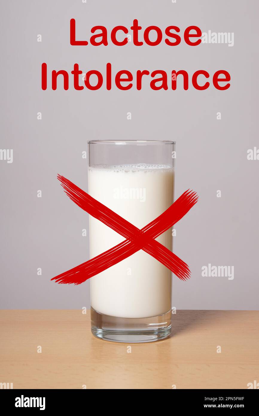 glass milk crossed out lactose intolerance concept Stock Photo - Alamy