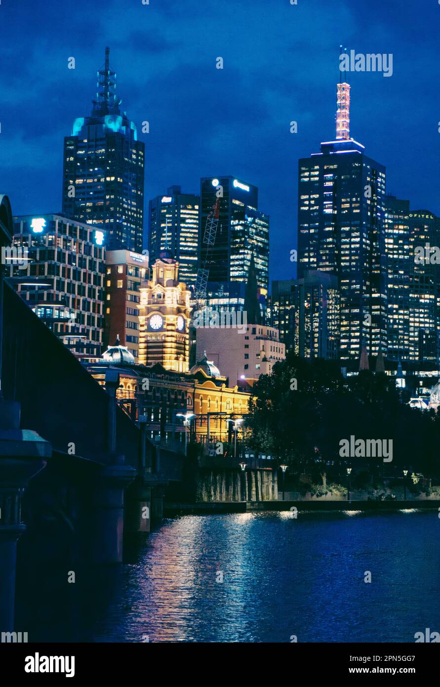 Melbourne Nightscape Taken At Night Along The Yarra River Stock Photo ...