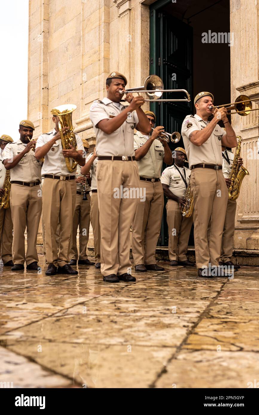 Military police soldiers are playing music outside the Catedral ...