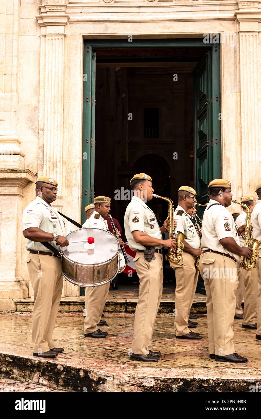 Military police soldiers are playing music outside the Catedral ...