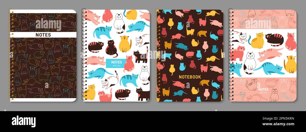 Trendy notebook and cats cover set. Cute kitty doodle design for ...