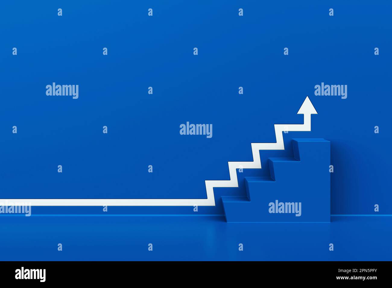 White arrow with stair on blue wall background, 3D arrow climbing up ...