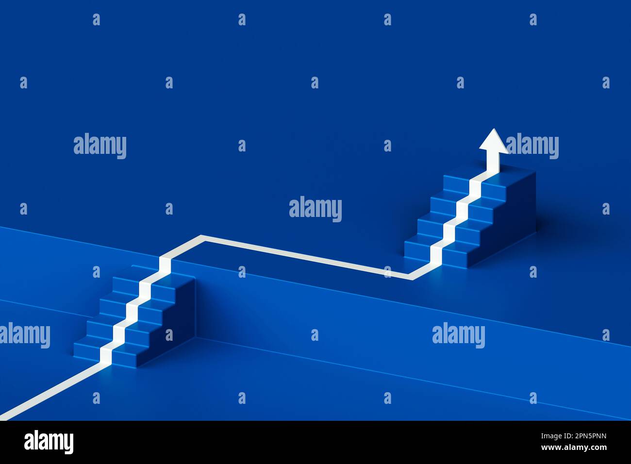 White arrow following the stairs of growth on blue background, 3D arrow ...