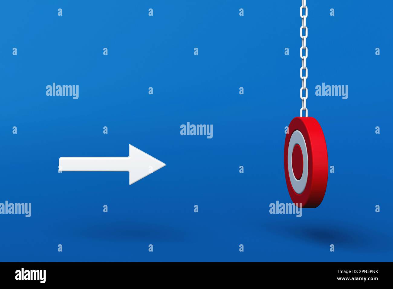 White arrow shooting at target suspended from chain overhead. business ...