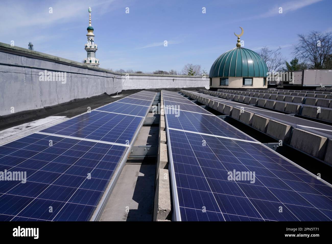 Solar panels cover the roof of Masjid Al-Wali, a mosque and community ...