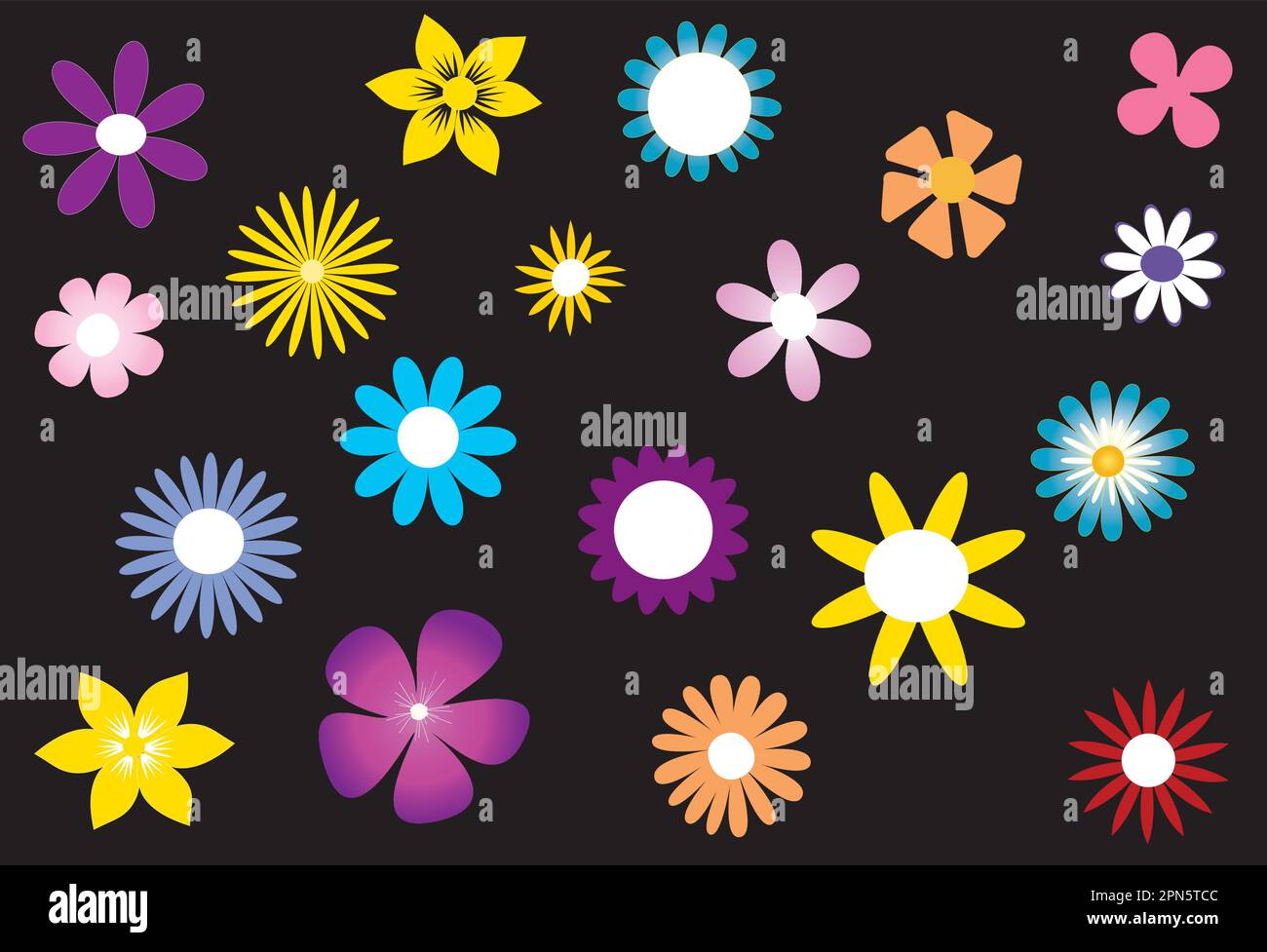 simple flowers pattern in various colors shapes and size on black ...