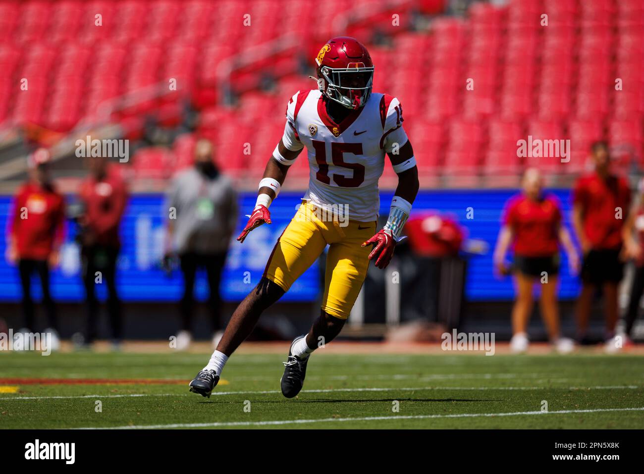 USC Trojans defensive back Anthony Beavers Jr. (15) defends in coverage on defense during USC ...