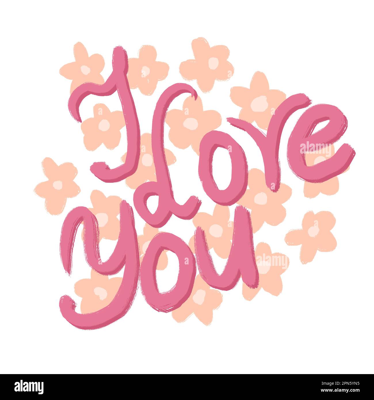 Hand drawn illustration of I love you lettering words with pink flowers ...