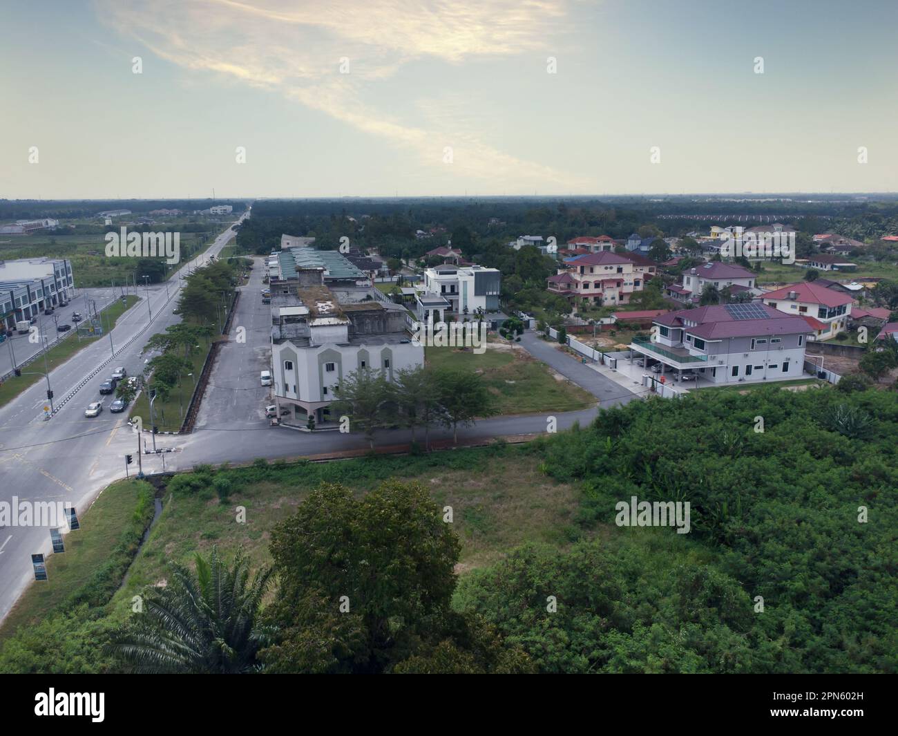 daytime aerial scene of the houses or concrete building at the suburb ...
