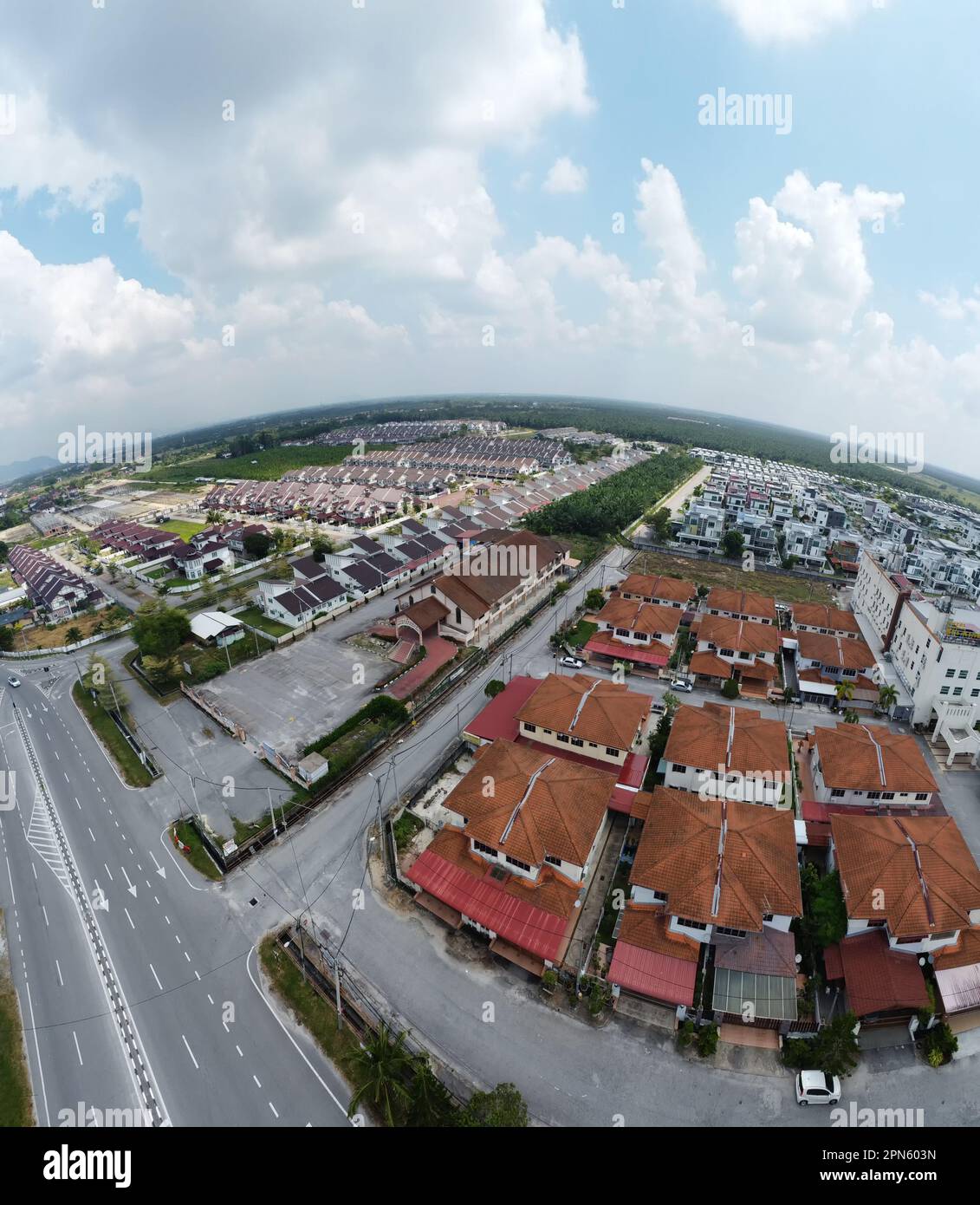 daytime aerial scene of the houses or concrete building at the suburb ...