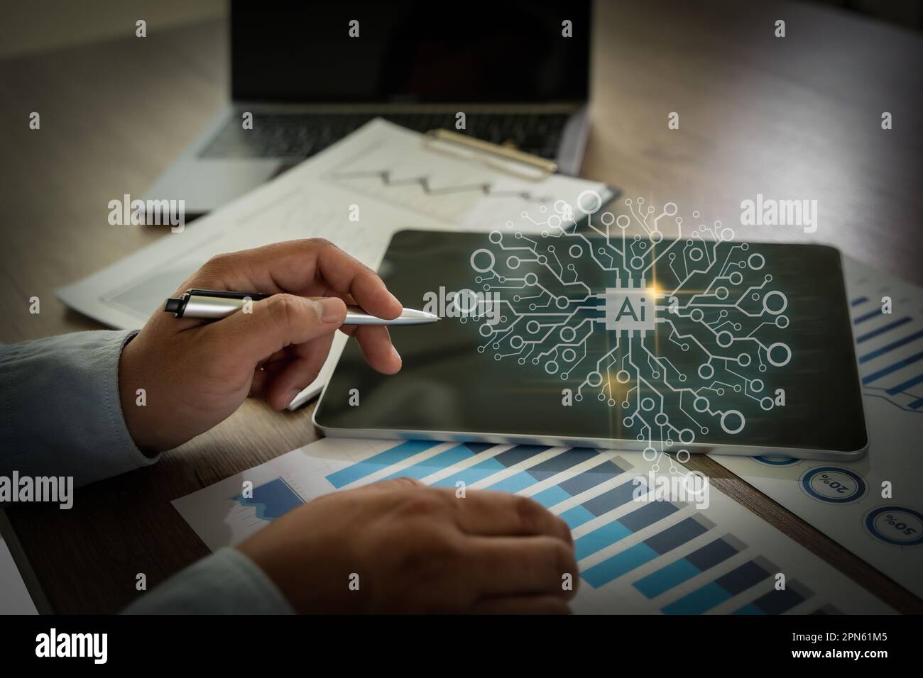 Artificial Intelligence (AI) Businessman hand working computer big data ...