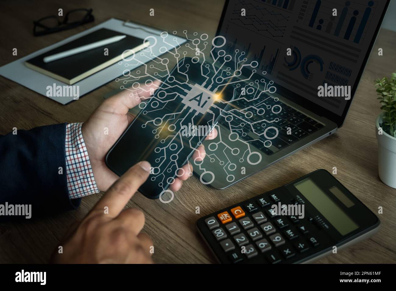 Artificial Intelligence (AI) Businessman hand working computer big data ...