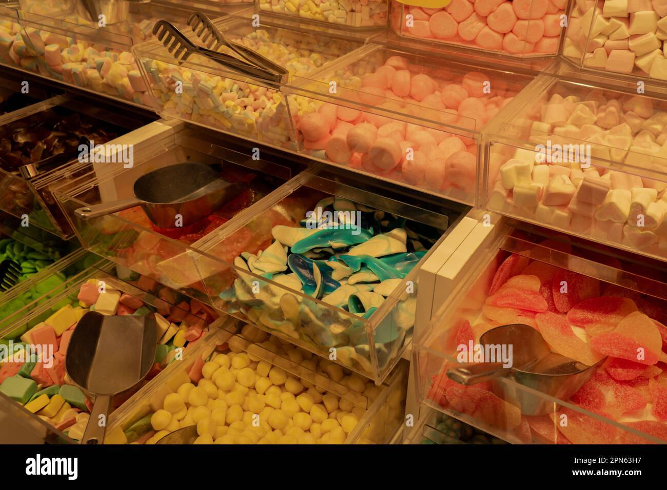 Colorful Candies in Jars. Large choice of sweets in candy shop. Chewy ...