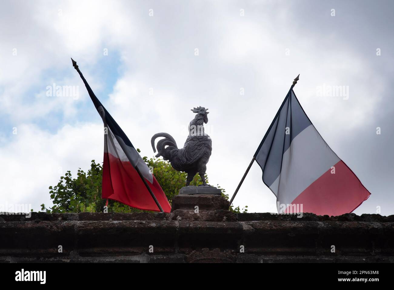 Statue of a rooster, emblem of France, with two French flags Stock ...