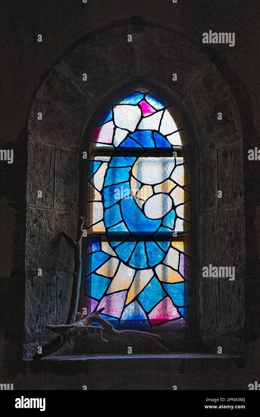 Stained glass window of the Virgin Mary in a Catholic church Stock ...