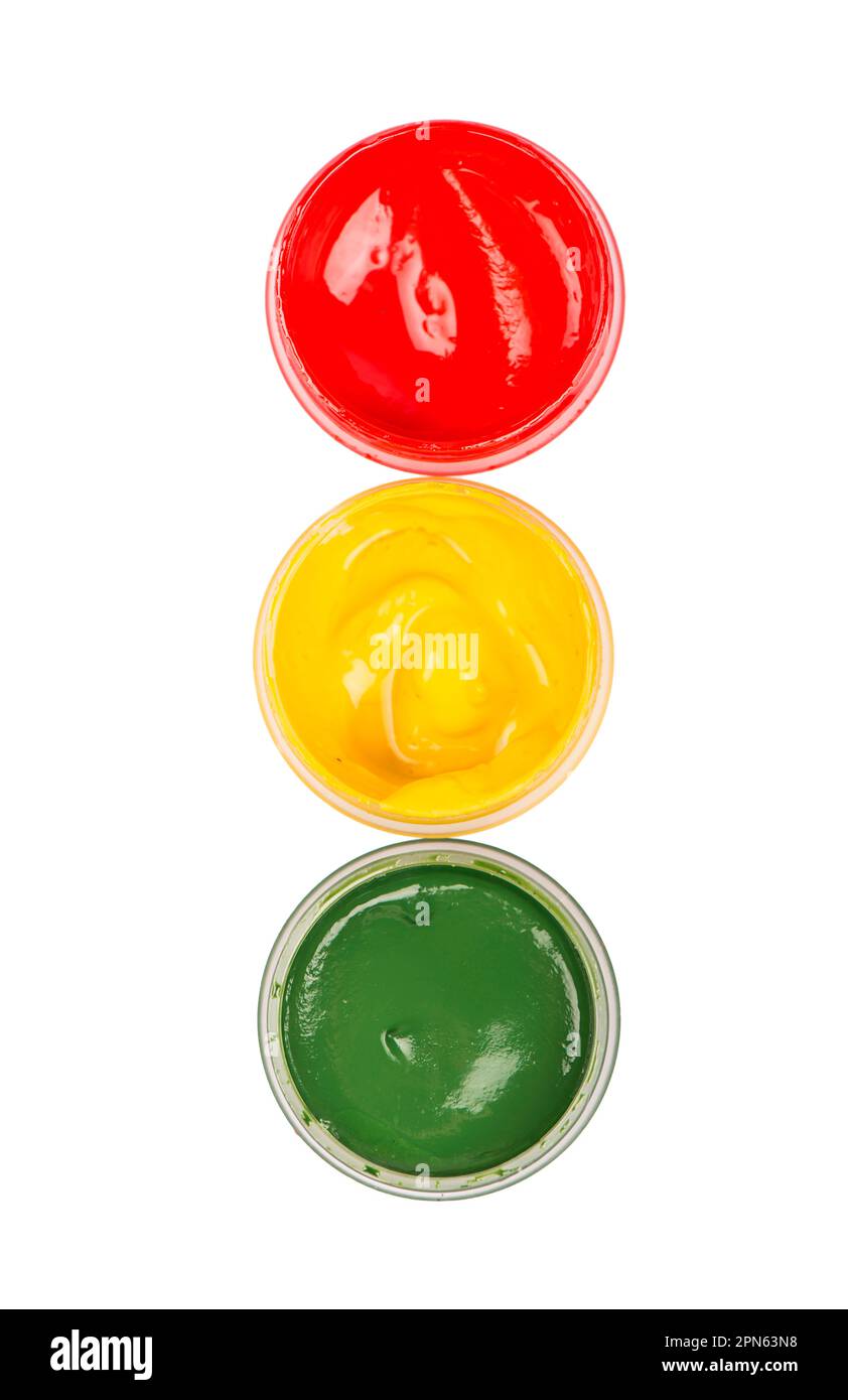 three paint cans like traffic light isolated on white Stock Photo - Alamy