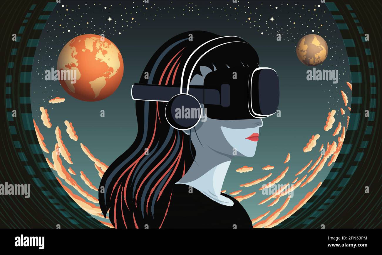Vector Illustration Of Young Woman Wearing VR Box With Headphone On ...