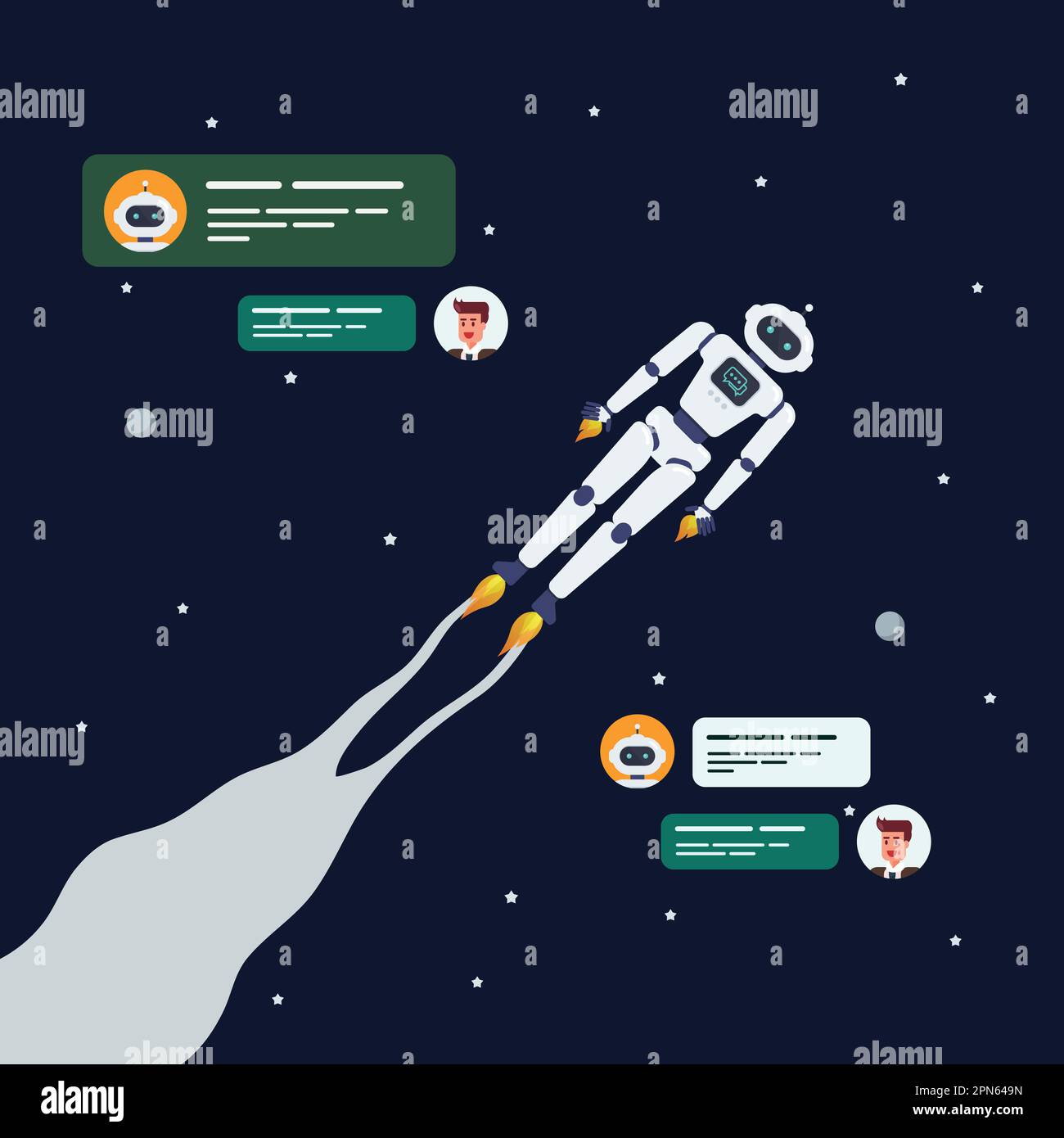 Android chatbot is flying on space background. Vector Illustration ...