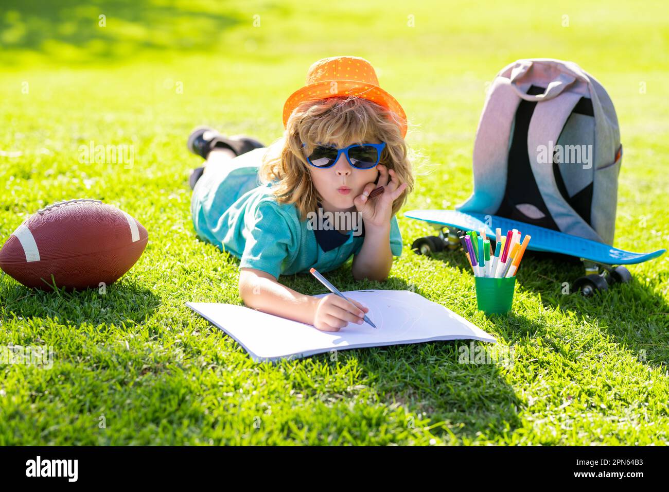 Creativity children concept. Kid boy create artist paints, summer ...