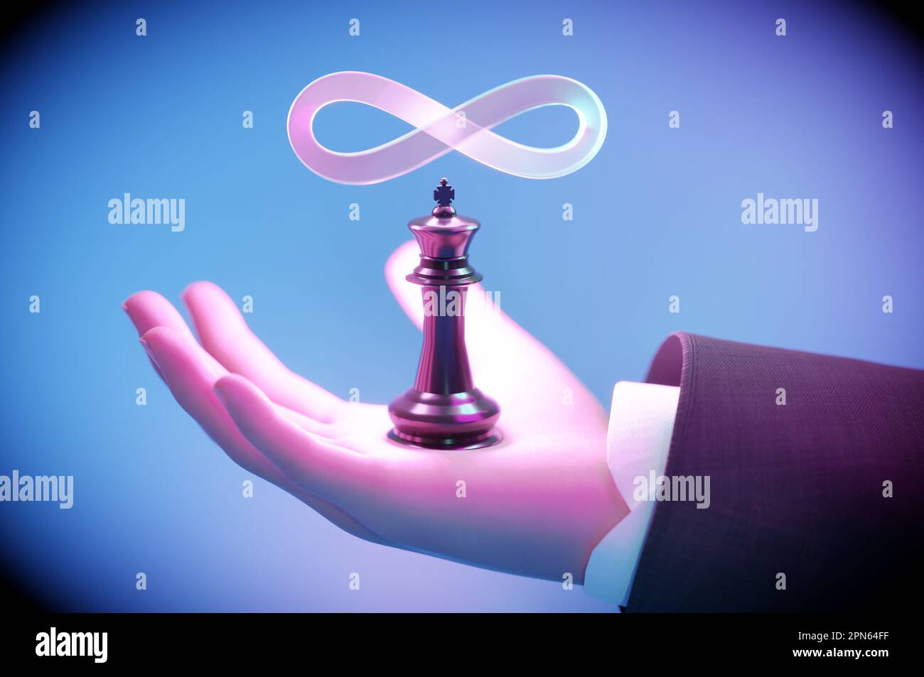 Business man Hand touch metaverse infinite loop and king chess ...