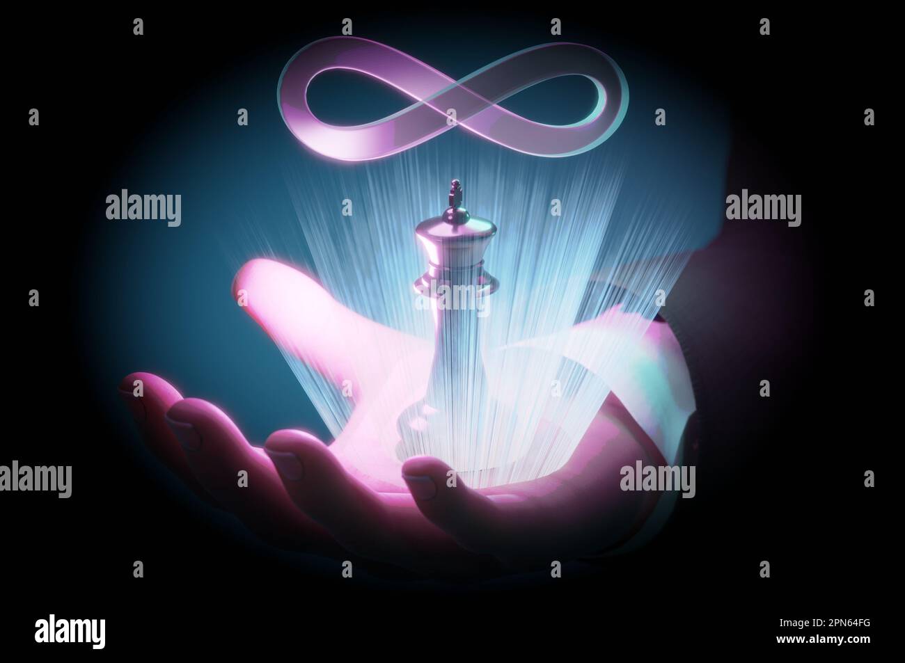 Business man Hand touch metaverse infinite loop and king chess ...