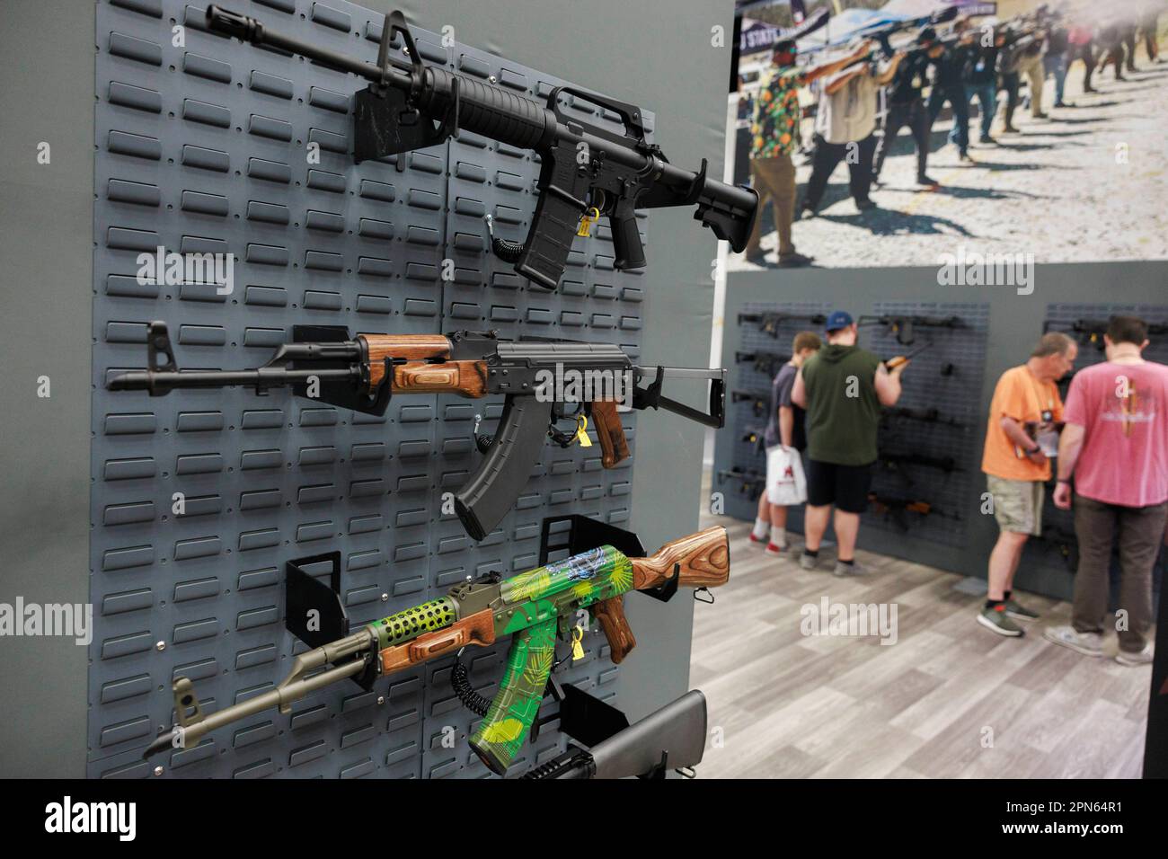 INDIANAPOLIS, INDIANA - APRIL 16: Rifles are on display at the DPMS ...