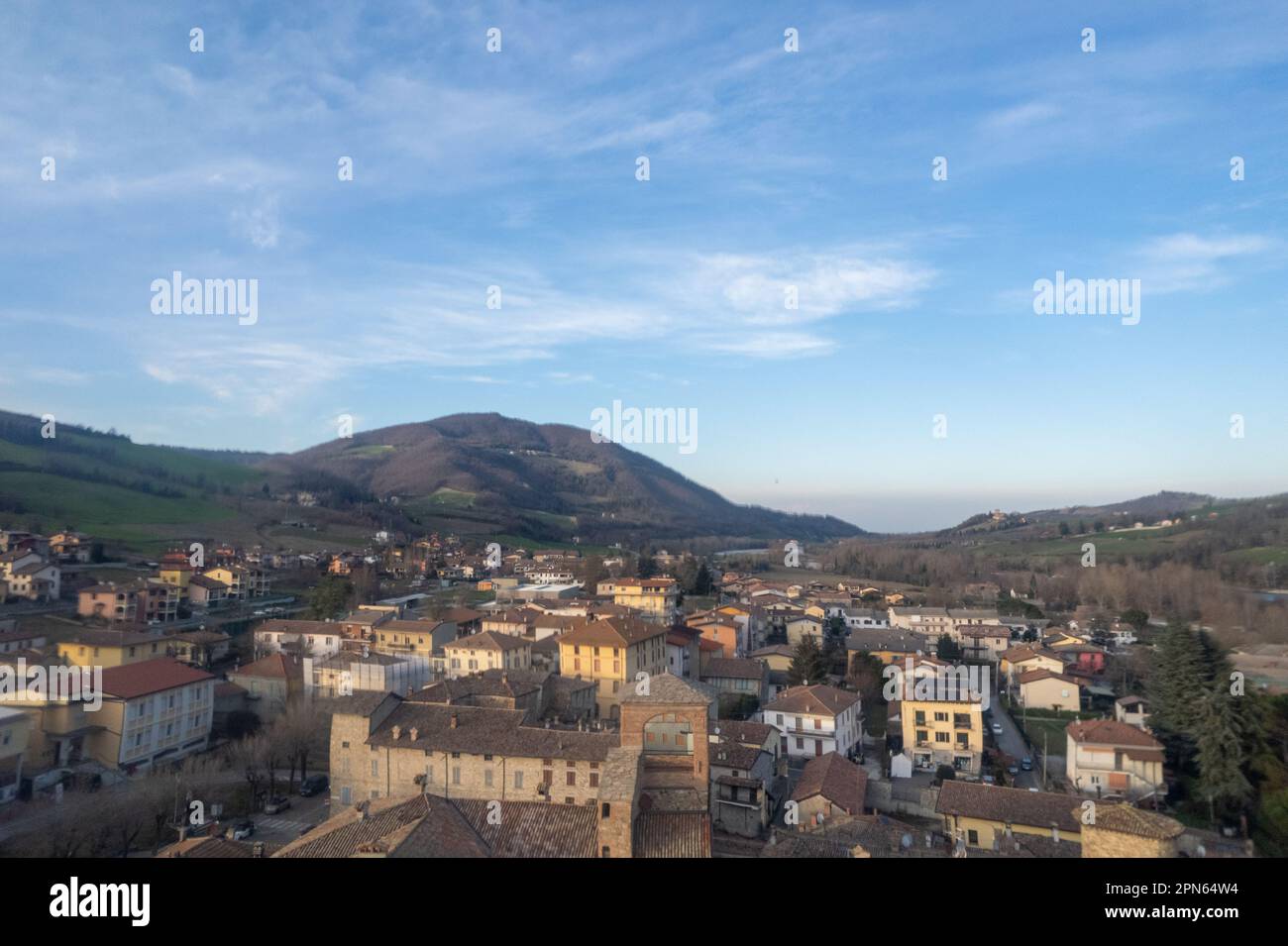 Aerial scenic view of Travo Village, Trebbia river, Valley landscape ...