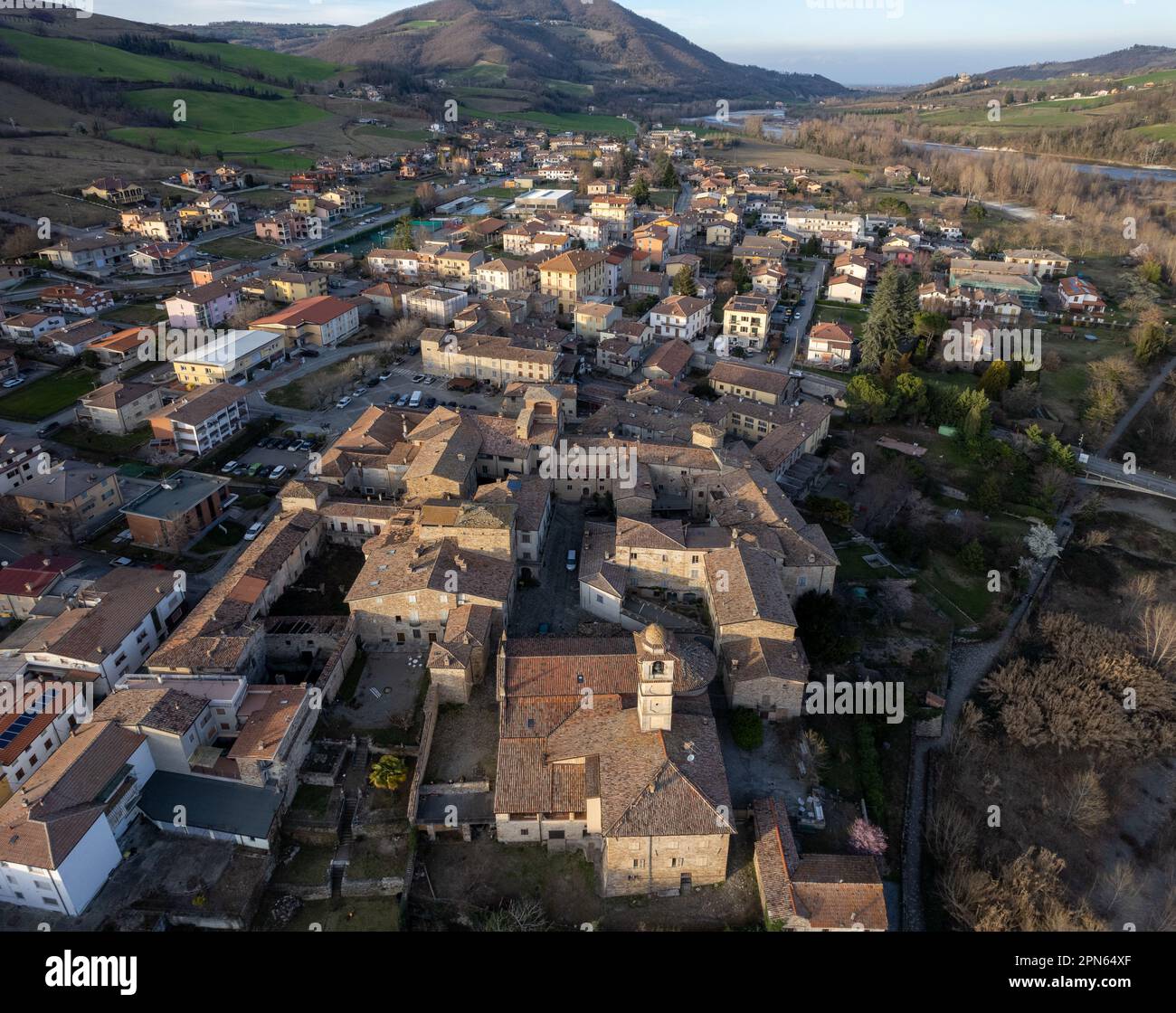Aerial scenic view of Travo Village, Trebbia river, Valley landscape ...