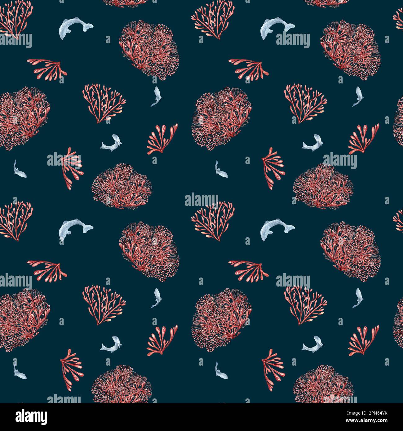 Seamless pattern of sea plants, coral watercolor isolated on black ...
