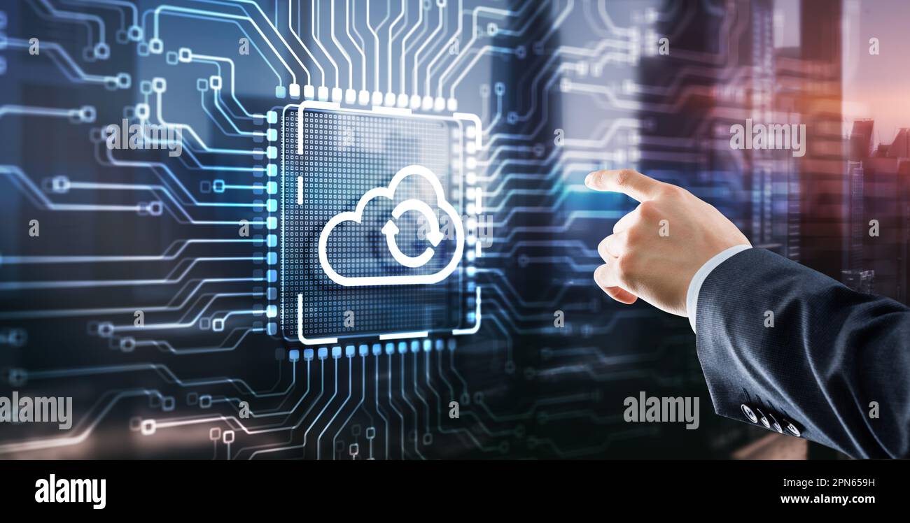 Cloud computing concept. Businessman clicking on virtual screen ... Cloud computing concept. Businessman clicking on virtual screen ...