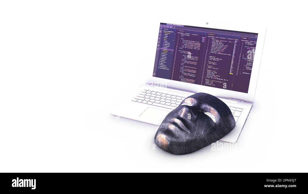 Hacker mask on laptop with chroma screen for cyber security concept ...
