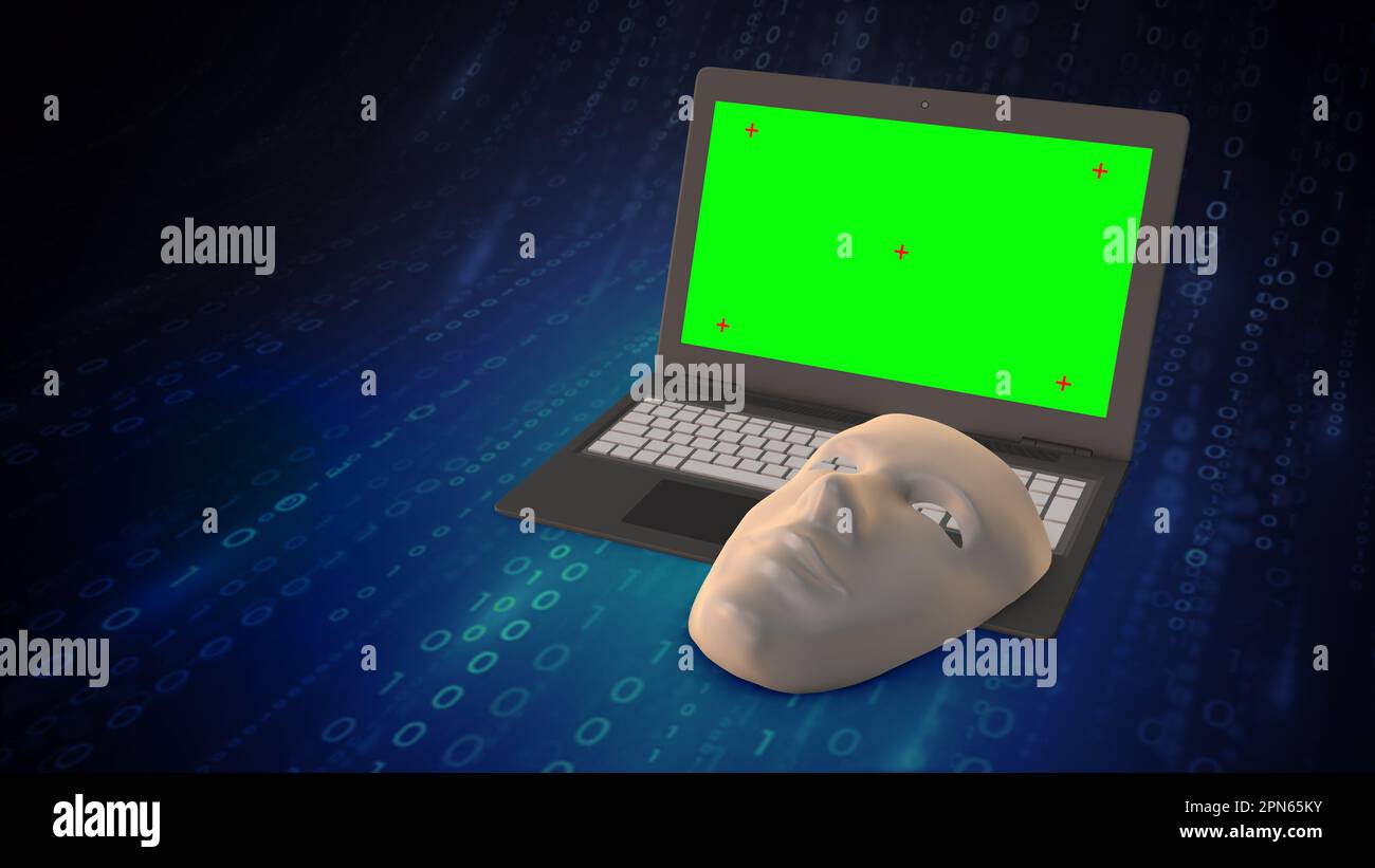Hacker mask on laptop with chroma screen for cyber security concept ...
